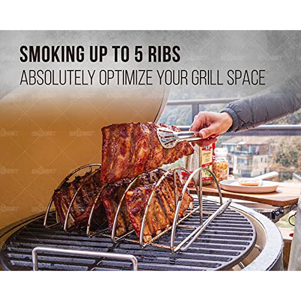 BBQ Rib Racks for Smoking, Classic Joe, BGE Grill Expander Rack Accessories - Optimizes Grilling Space, Standing Roast Rack Allows for more Even Cooking, Works with 18" or Larger Size Grill, Stainless