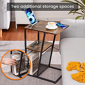 Heybly Side Table, C Shaped Nightstand End Table with Charging Station and Phone Holder,2 USB Ports and Power Outlets, Snack Sofa Couch Tables for Small Spaces, Rustic Brown HET001CSR1