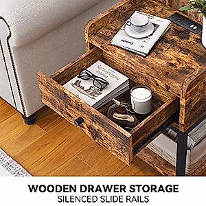 FABATO End Table with Charging Station Nightstands with Drawer and Fabric Bag Storage & USB Ports Narrow Sofa Side Table for Small Spaces with Metal Frame Living Room Bedroom, Rustic Brown