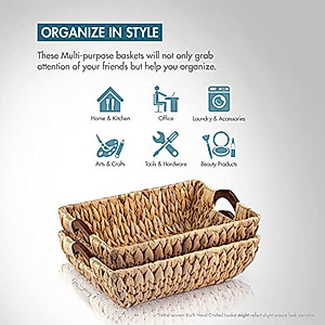 ADO Basics Large Water Hyacinth Hand Woven Basket with Stain Resistant Polished Wooden Handles, Storage Wicker Baskets 15" Length, 10.6" Width, 5.3" Height, Set of 2