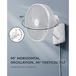 LEMOISTAR 10 Inch Wall Mounted Fan with Remote Control, 90°Oscillating, High Velocity 4 Speeds, Timer, Adjustable Tilt, 70Inch Cord, Ultra Quiet,for Bedroom Garage RV Office Home-White