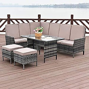Tangkula 5 Pieces Patio Furniture Set Wicker Rattan Steel Frame Patio Outdoor Garden Conversation Set High Back Sectional Sofa Set with Tempered Glass Top Dining Table