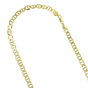 Luxurman 14K Yellow Gold Solid Flat Mariner Chain 6.5mm Wide Necklace with Lobster Claw Clasp