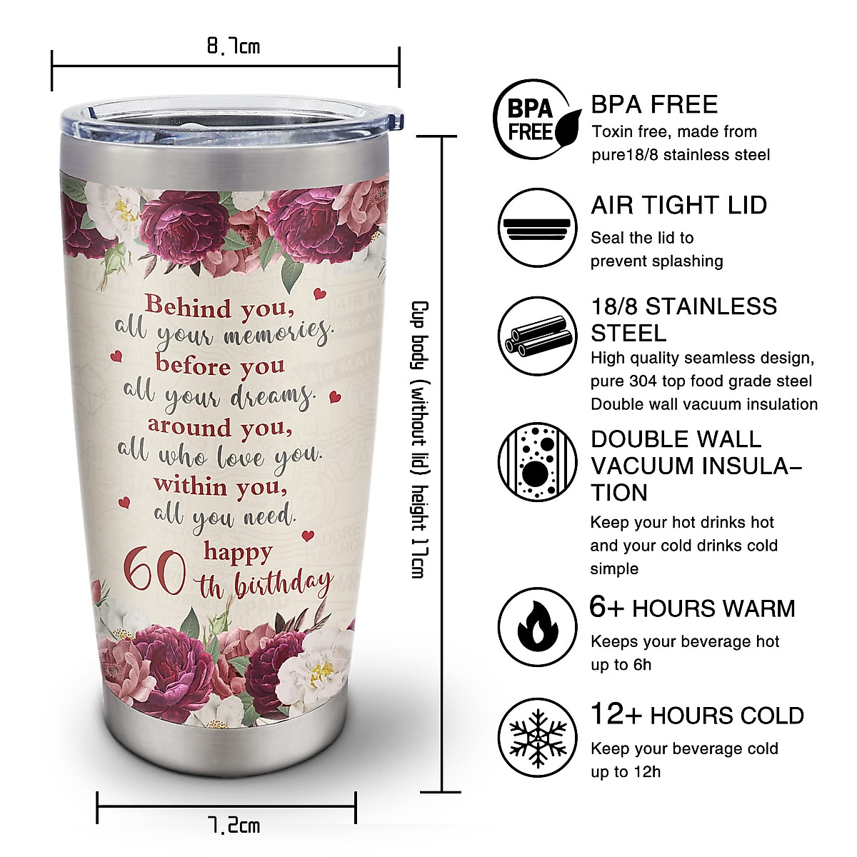 DOAKIZZ 60th Birthday Gifts for Women Stainless Steel Tumbler/Cup 20oz 1PC