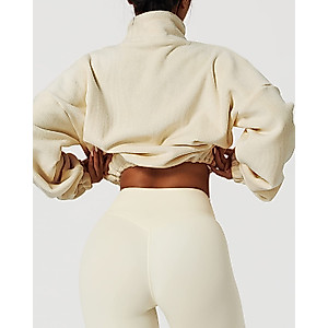 QINSEN Women's Polar Fleece Bomber Jacket Full Zip Stand Collar Short Coat Cozy Winter Warm Outwear Beige L