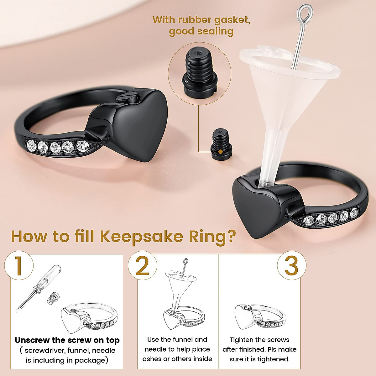 KeyStyle Heart Cremation Urn Rings For Women, Stainless Steel Heart Memorial Ring Size 8