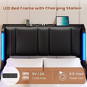 AOGLLATI Floating Bed Frame Full with LED Light and 2 USB Charging Station, Upholstered Platform Bed Frame Full Size with Heavy Wooden Slats Support, No Box Spring Needed