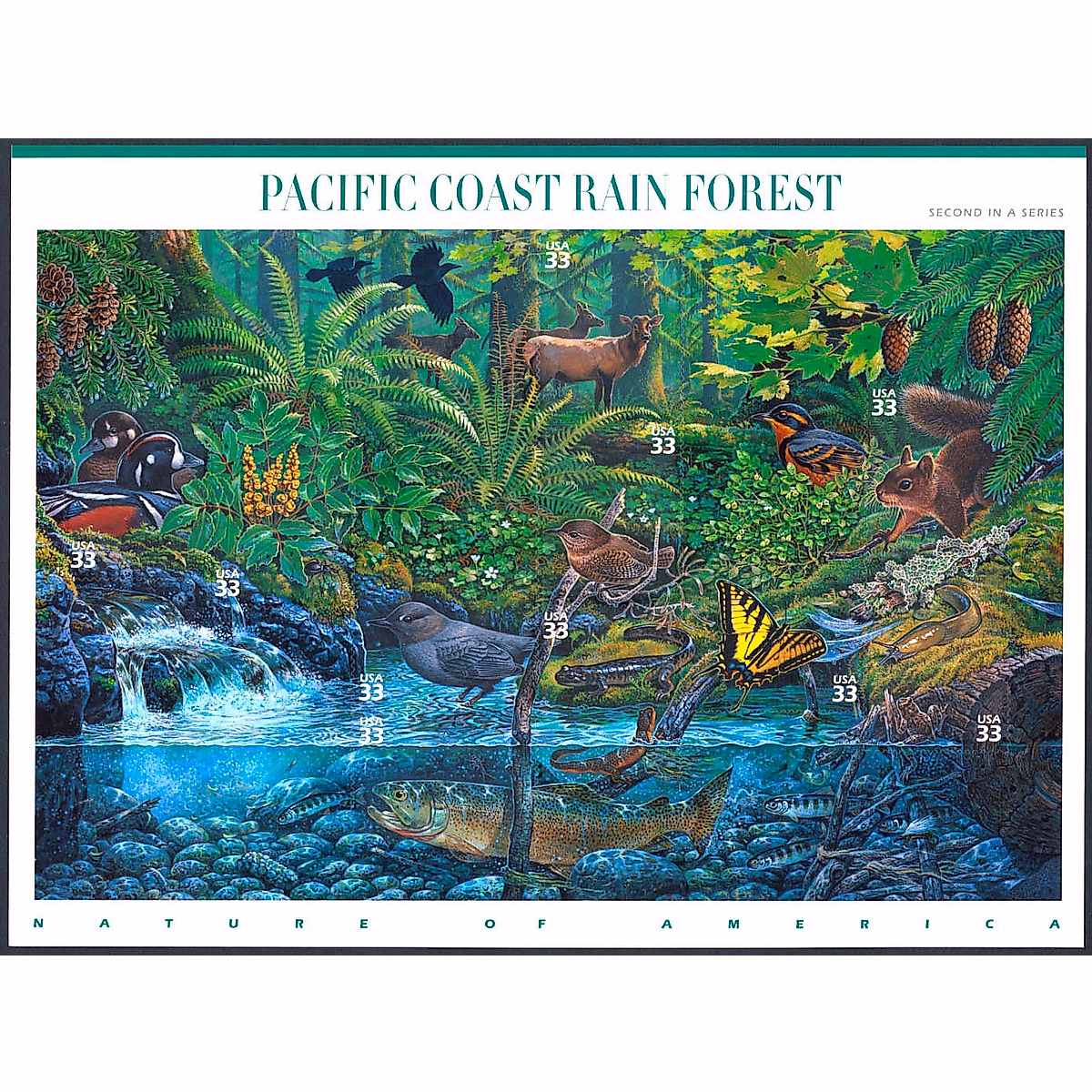 Pacific Coast Rain Forest (Nature of America), Full Sheet of 10 x 33-Cent Postage Stamps, USA 2000, Scott 3378