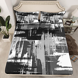 Feelyou Grey Black White Abstract Bed Sheets Set King Size Geometric Sheet Set for Kids Stripe Line Sheets with Deep Pocket Fitted Sheet Women Men Teens Ultra Soft Decor Modern Art Bedding Set