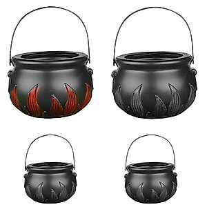 DOITOOL 4Pcs Halloween Witch Cauldron Handheld Plastic Flame Barrel Black Cauldron Halloween Candy Buckets Candy Holder Pot with Handle for Halloween Party Decorations (2 Big Size+ 2 Small Size)