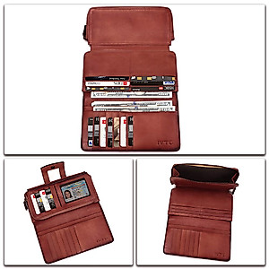 IVTG Genuine Leather Long Wallets for Women RFID Blocking Vintage Handmade Money Clip Card Holder with Zipper (Light Brown)