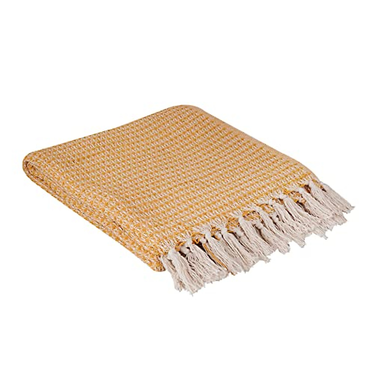 Yellow Cotton Throw Blanket - Waffle Weave Throw Blanket 60”x48” - Farmhouse Throw Blanket - Throw Blanket for Couch Sofa Chair Bed - Blanket for all Seasons - Yellow Decorative Blanket with Fringe