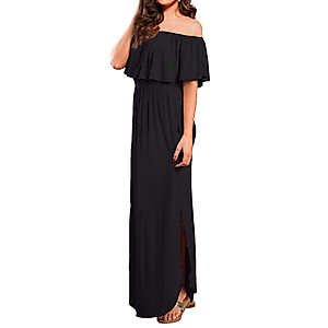VERABENDI Women's Off Shoulder Summer Casual Long Ruffle Beach Maxi Dress with Pockets Black L