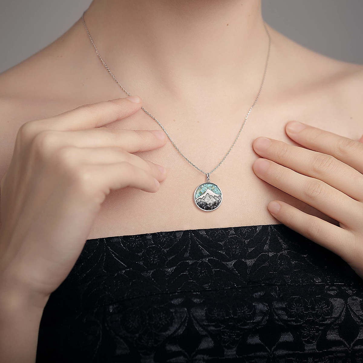 Lauren-Spencer Gemstone Mountain Necklace for Women Turquoise Sodalite Tumbled Chips Pendant Necklace Dainty Circle Mountain Range Necklaces for Women Girls Nature Jewelry Gift, Stainless Steel,