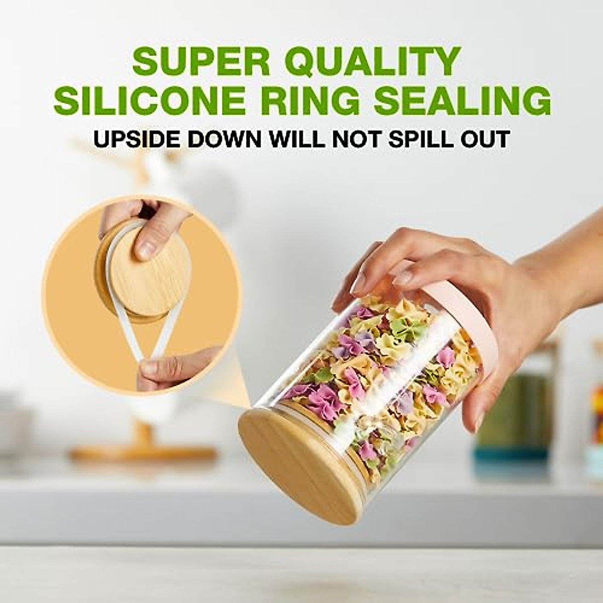 Qipecedm Set of 2 Glass Jars Containers with Bamboo Airtight Lids & Spoons, 17 oz Borosilicate Glass Jars, Clear Food Storage Canister for Cookie, Candy, Coffee, Sugar, Matcha Tea, Flour, Nuts & More