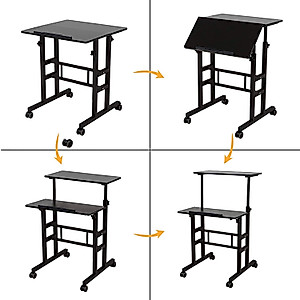 sogesfurniture Mobile Standing Desk Laptop Workstation on Wheels, Adjustable Computer Desk for Standing or Sitting, Black 101-BK