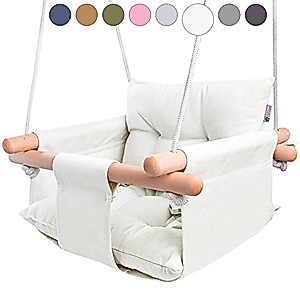 CaTeam - Canvas Baby Swing, Wooden Hanging Swing Seat Chair with Safety Belt, Durable Baby Swing Chair, Outdoor and Indoor Swing for Kids, Mounting Hardware Included, Ivory