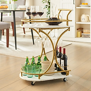 JOIN IRON Gold Bar Cart, 2-Tier Home Bar Serving Cart with Wheels, Wine Rack & Glass Holder, Mobile Beverage Cart for Kitchen, Dining Room, and Living Room (Gold2)