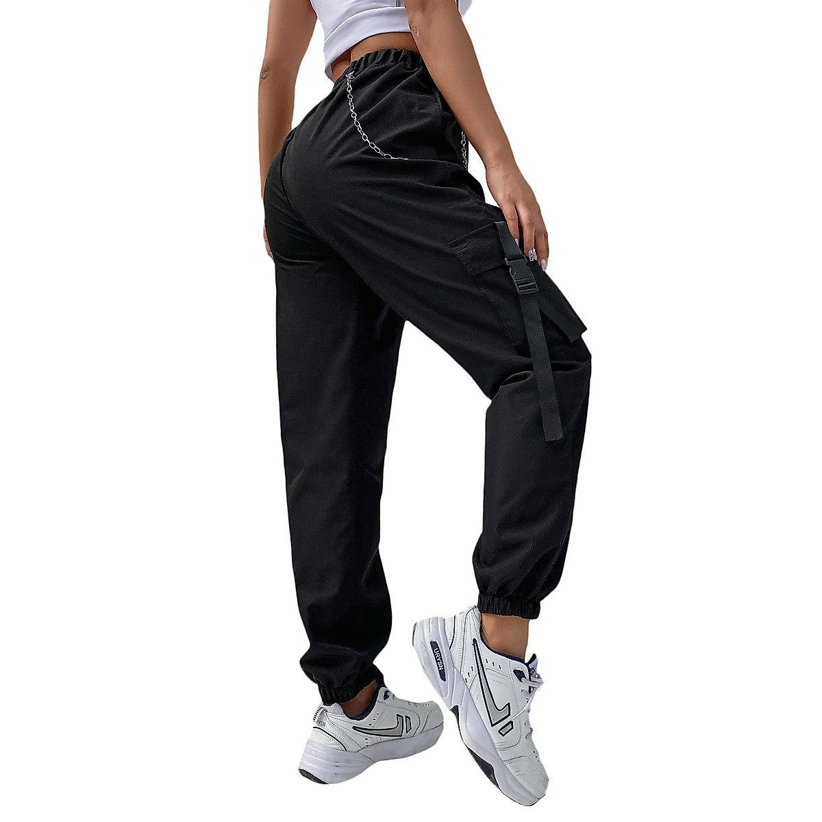 DIDK Women's High Waisted Flap Pocket Solid Jogger Cargo Pants with Chain Black M
