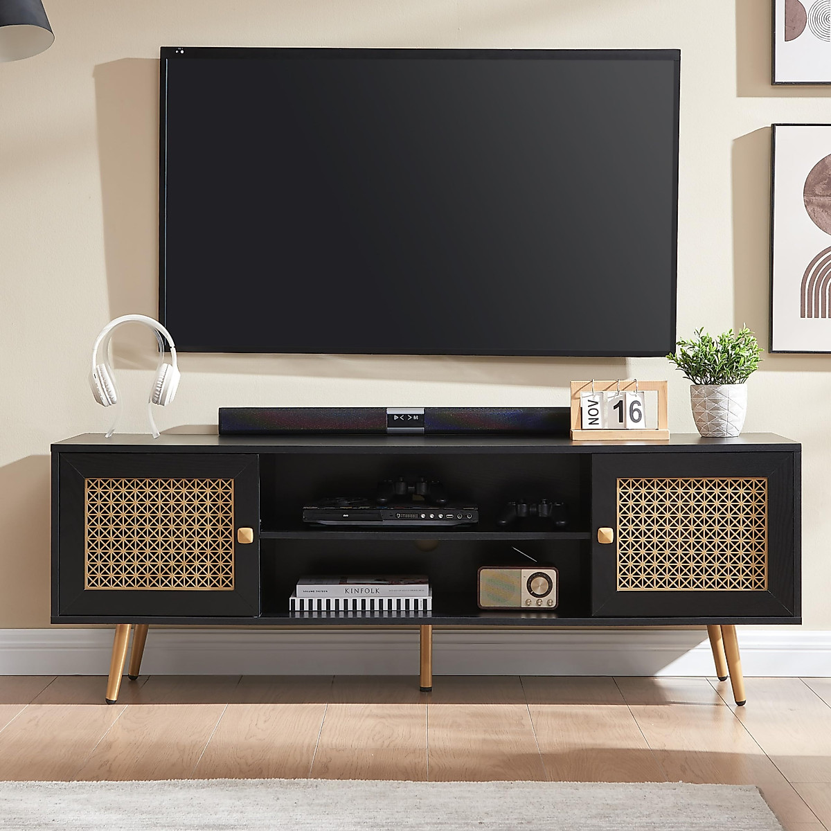 JYED DECOR Mid Century Modern TV Stand for 65 inch TV, Entertainment Center with Storage, Metal Mesh Decorated Cabinet Doors for Living Room, Black