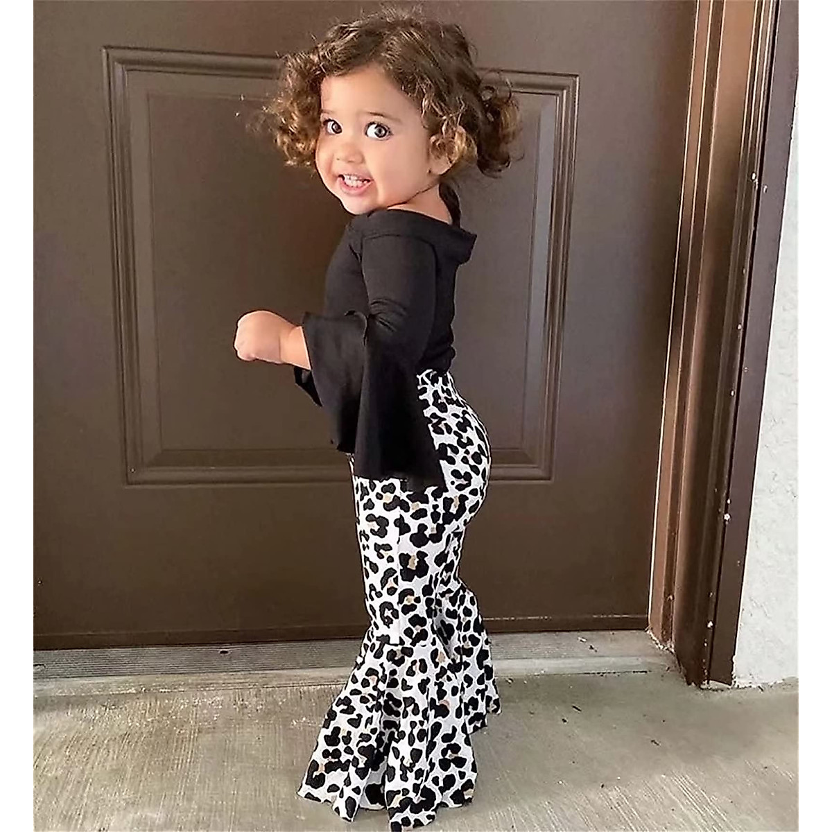 Little Toddler Baby Girl Bell-Bottom Pants Leggings Outfit Flared-Sleeve Top + Leopard Print Flared Trousers Suit