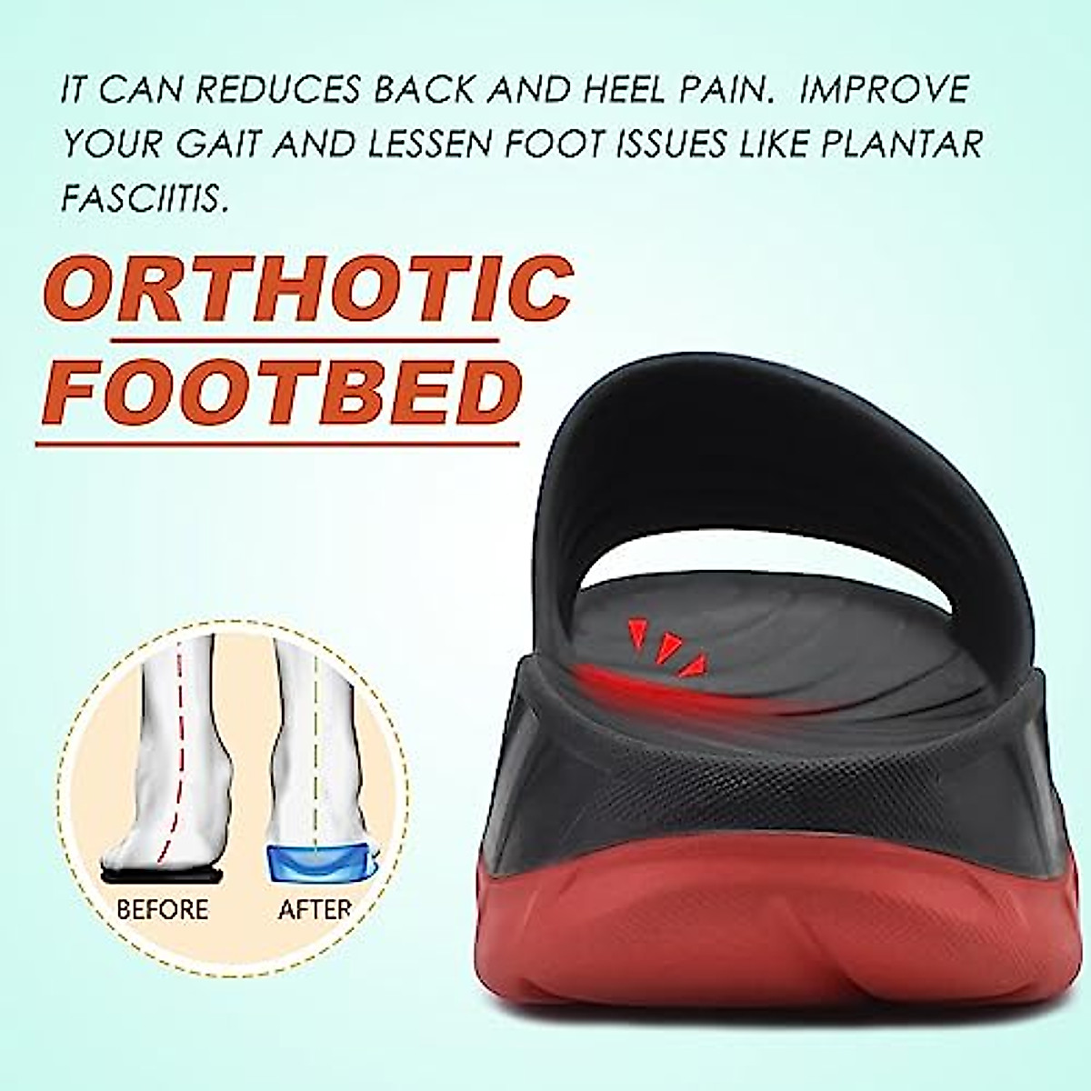 KuaiLu Mens Recovery Walking Sandals Sport Comfort Cushion Athletic Slides Orthotic Plantar Fasciitis Open Toe Slip On Wide Width Thick Foam Sandles Summer Pool Beach Slippers Black Red Size 10
