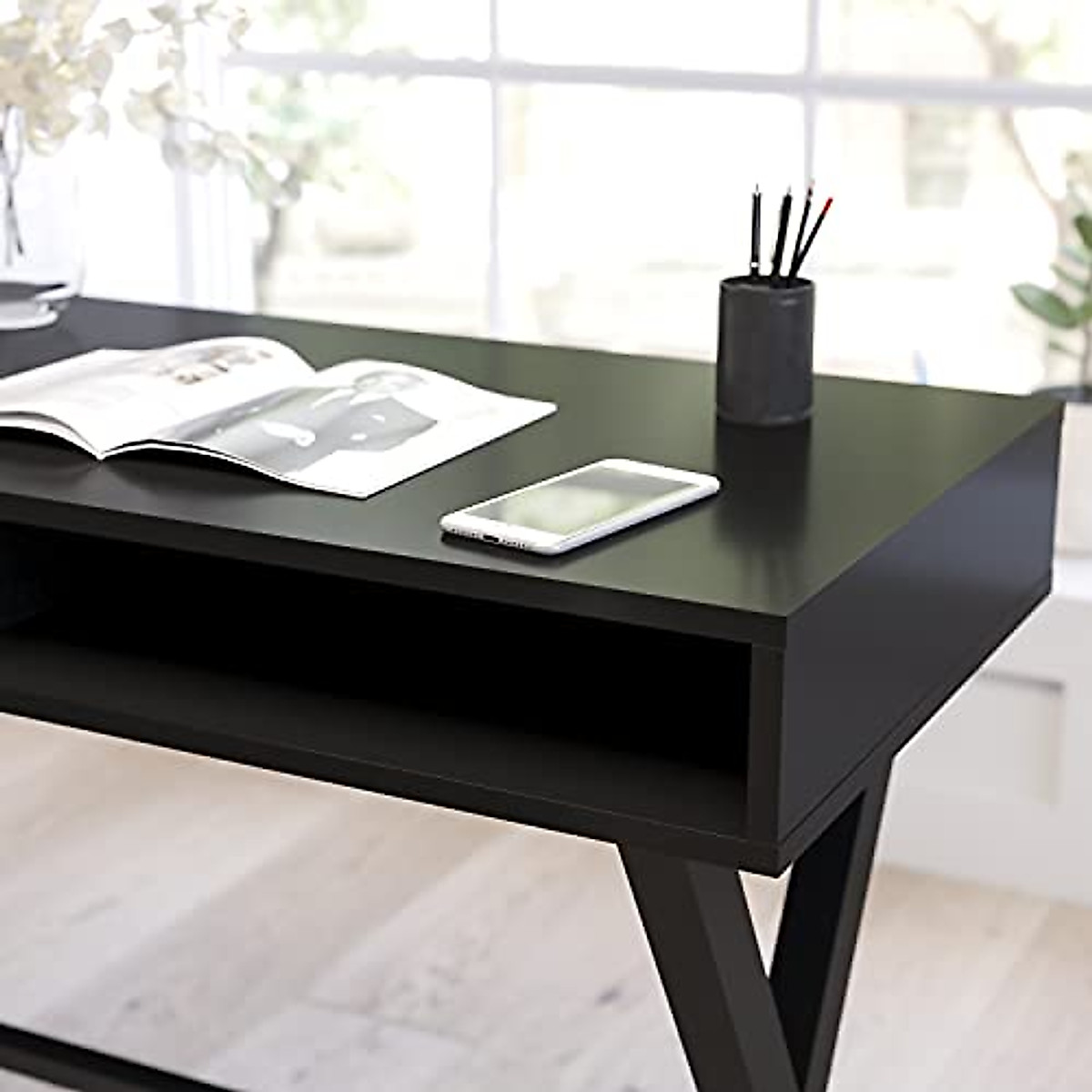 Merrick Lane Davisburg 42" Home Office Writing Desk with Open Front Storage Compartments in Black