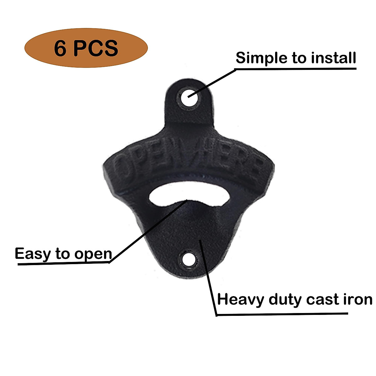 Luwanburg 6 PCS Black Cast Iron Beer Bottle Opener Wall Mounted Bottle Cap Opener Open Here for Man Cave Patio Bar