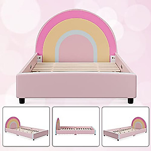 IKIFLY Twin Size Kids Bed, Children Upholstered Twin Platform Bed Frame with Curved Headboard, Pink Toddler Bed for Boys & Girls, Teens, No Box Spring Needed - Rainbow Design