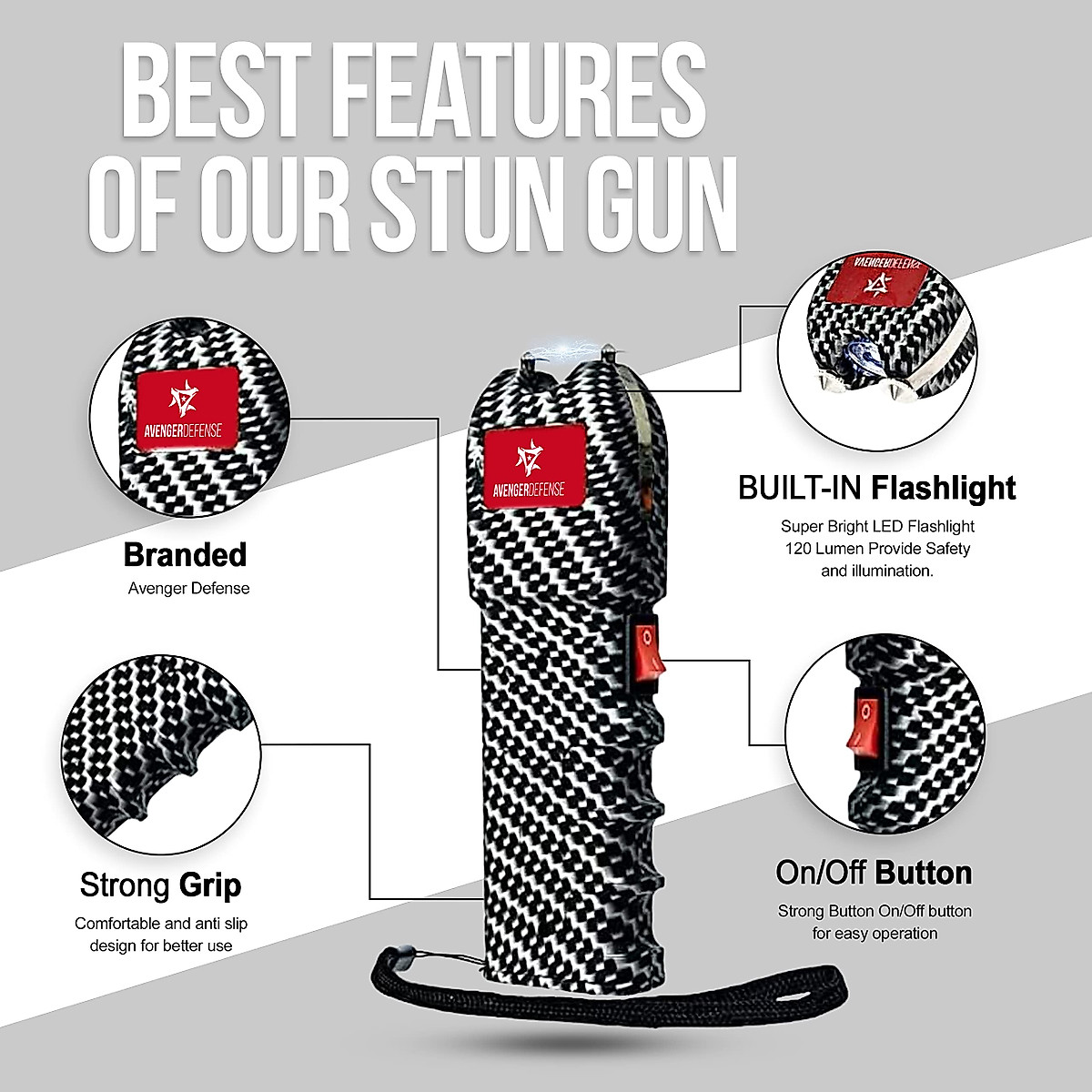 Avenger Defense Stun Gun for Self Defense - Protection Device for Women - Portable LED Flashlight (Cream White, Plastic)