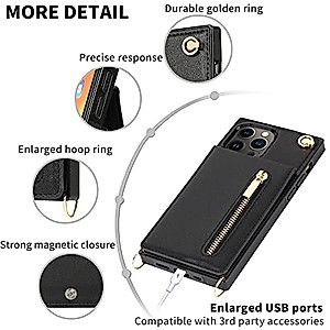 HOGGU Crossbody iPhone 14 Pro Max Case Wallet with Card Holder, Flip Leather iPhone 14 Pro Max Crossbody Case with Strap, Kickstand, Zipper Purse, Protective Square Phone Case for Women Girls-Black