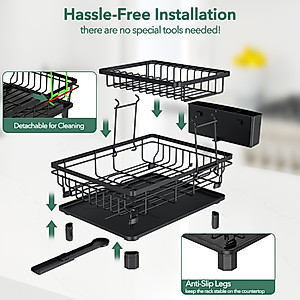 ROTTOGOON Large Dish Drying Rack, 2-Tier Stainless Steel Dish Racks for Kitchen Counter, Durable Dish Drainer with Drainboard, Drainage, Utensil Holder for Various Kitchenware, Black