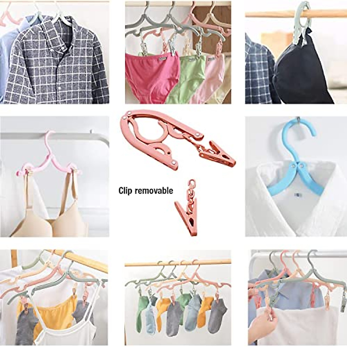 12 Pieces Folding Travel Hangers, Folding Travel Hangers, Folding Hangers Lightweight Travel Accessories Folding Drying Racks for Family Outdoor Travel (4 Colors) (Hanger + Clip)
