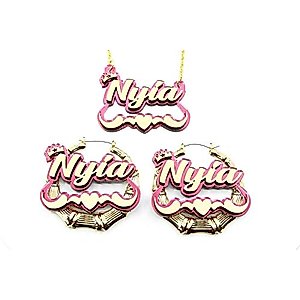 Name Necklace Plate Personalized Custom Nameplate and 1.5" Bamboo Gold Earrings With Swirls Heart and Crown on Top Jewelry Set Color Choice Laser Cut Gold Script Cursive Letters, Quality Gold Chain