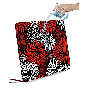 Red White Outdoor Waterproof Cushion Chair Cover Set of 2, Abstract Black Chrysanthemum Flower Patio Furniture Sofa Couch Seat Cushions Protector Slipcover with Ties, 20''x18''x4''