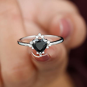 Certified Heart Shape Black Onyx Promise Ring with Diamond | AAA Quality | 6 MM Black Onyx | December Birthstone Ring, 14K White Gold, Size:US 6.00