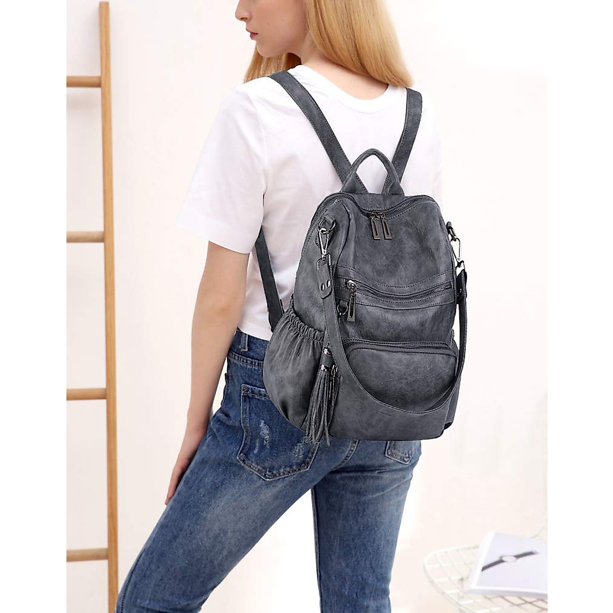UTO Women Backpack Purse Leather Vegan Ladies Fashion Designer Rucksack Convertible Travel Shoulder Bag with Tassel