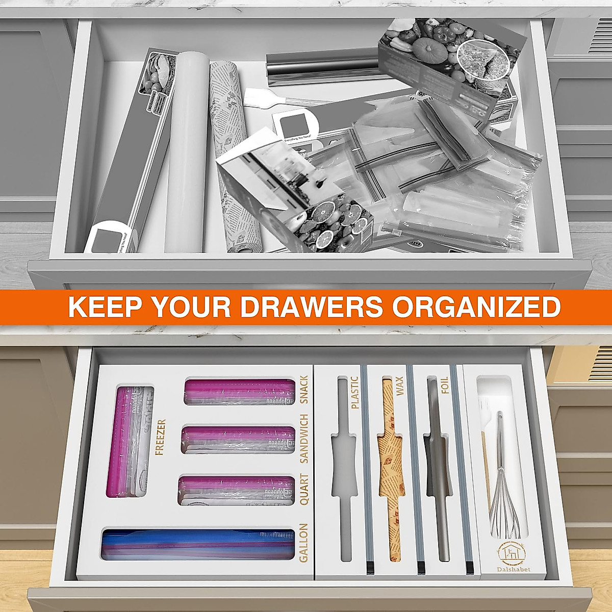 DALSHABET 9 IN1 Bamboo Storage Bag Drawer Organizer with Cutter, Foil and Plastic Wrap Dispenser for Kitchen Storage Compatible with All Brands Gallon, Quart, Sandwich & Snack Size Bags - White