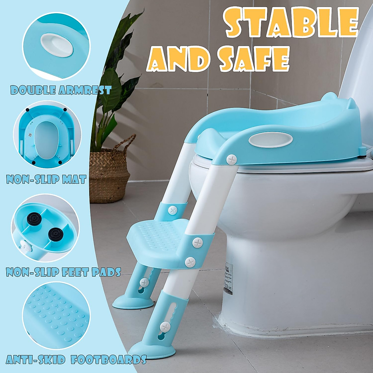 EGREE Potty Training Toilet Chair Seat with Step Stool Ladder for Kids and Toddler Boys Girls - Foldable Height Adjustable Children Toilet Training Seat with Safe Handles & Anti-Slip Pads, Blue-White