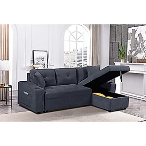 BIADNBZ Reversible Sleeper Sofa Bed 2 in 1 Pull Out Couch with Storage Chaise 2 Cup Holders Two Side Pockets and Pillows for Living Room, Dark Grey