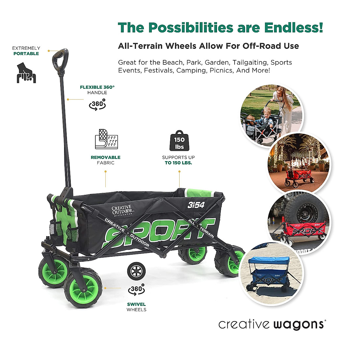 Creative Outdoor Push Pull Beach Hauler XXL, Collapsible and Portable Folding Wagon Cart, 200lbs Weight Capacity, Sport Series, Beach, Park, Garden Sports & Tailgate, (Green)