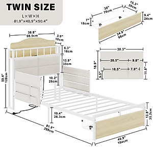 LIKIMIO Twin Bed Frame with Guardrail & Bedside Caddy, Multifunctional Headboard with Charging Station, Durable Metal Platform Bed, Noise-Free, No Box Spring Needed, White