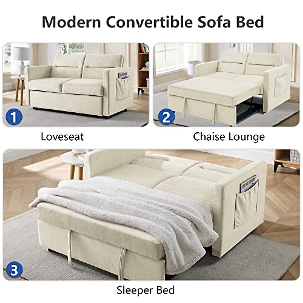 Polibi 54.5'' Modern Convertible Sleeper Sofa Bed with Two Arm Pockets, Velvet Sofa w/Pull-Out Bed Loveseat Sofa Couch and Adjsutable Back for Living Room (Beige)