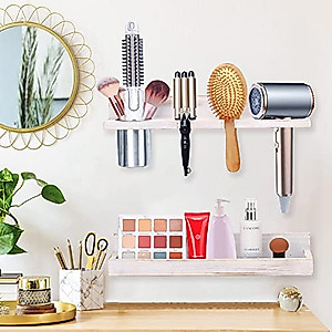 NewBeeclassic Set of 2 Layer Wall Mount Hair Tool Organizer,Rustic Blow Dryer Holder, Hair Product Organizer for Hair Dryer,Wood Rustic Decor Storage Hanging Shelves for Bathroom (White Color)