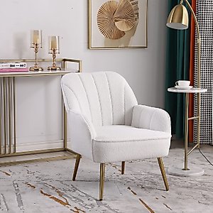 Goujxcy Teddy Barrel Chair Accent Armchair with Golden Legs for Living Room Bedroom Home Office, Tufted Back Club Chair (White3)