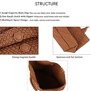 Brown Vegan Leather Woven Tote Bag for Women - Large Beach Bag with Small Purse, Handmade Top-handle Travel Handbag