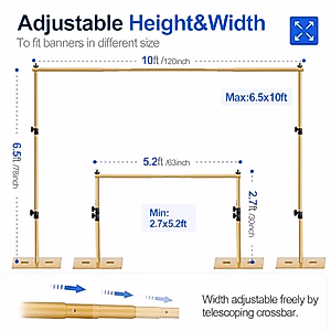 EMART Backdrop Stand, 6.5x10 ft Adjustable Photo Background Pipe and Drape Photography Kit with Heavy Duty Metal Base for Parties, Wedding, Video Studio, Birthday - Gold