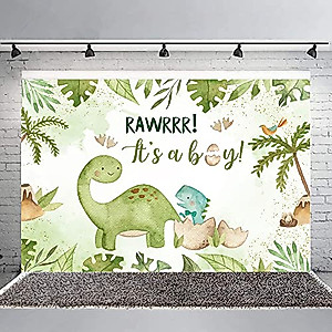 Hilioens 5×3ft Dinosaur Baby Shower Backdrop It's A Boy Newborn Green Leaf Dinosaur Egg Party Decorations Banner Cartoon Dinosaur Supplies Background Cake Table Supplies