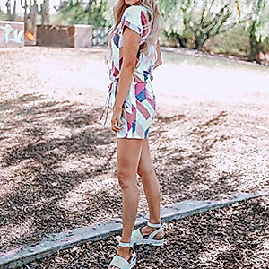 Women's Summer Short Sleeve Romper Mitiy Geometry Printing Casual Rompers with Pockets Loose Jumpsuits