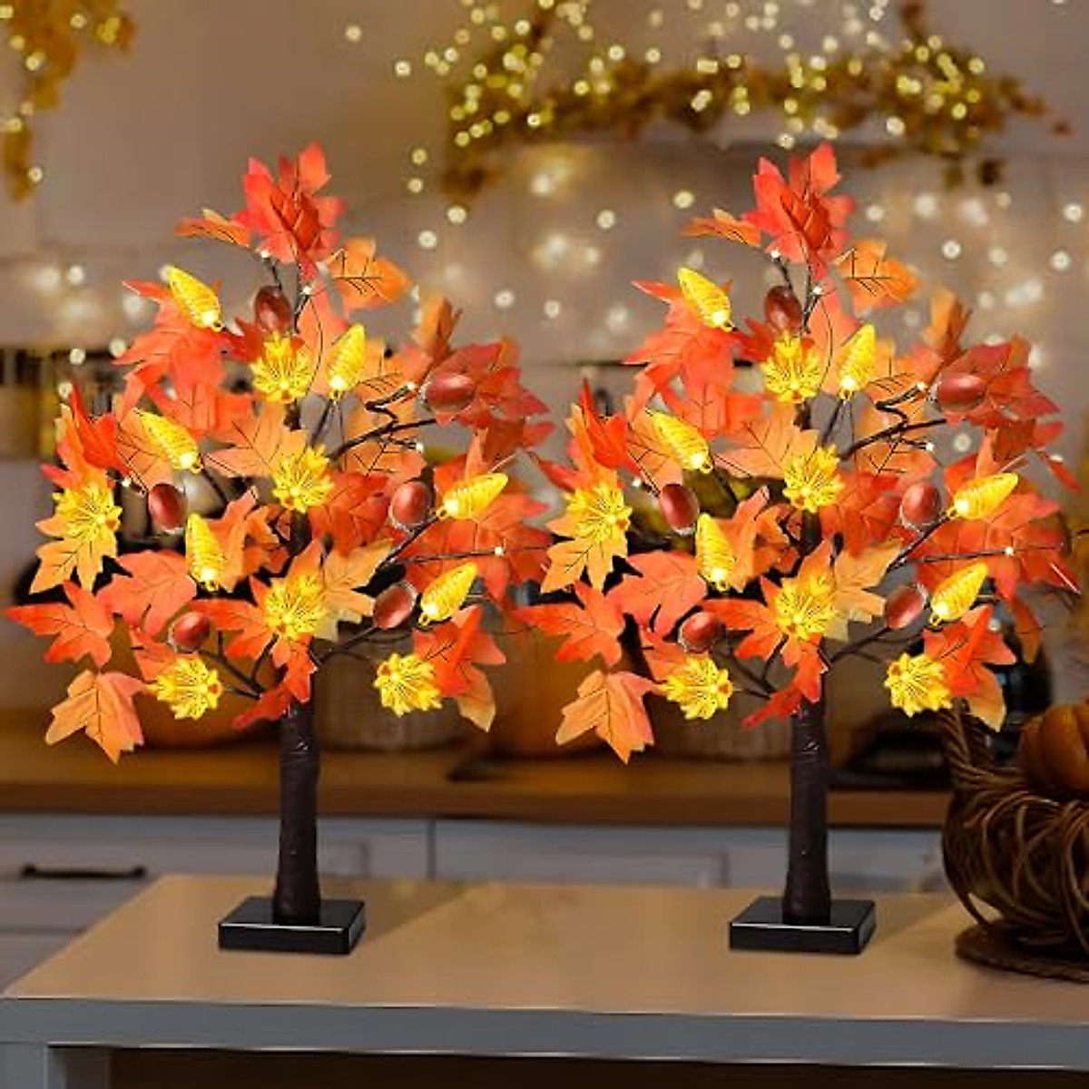 [ 2 Pack & Timer ] 24 Inch Lighted Maple Tree Fall Decorations with 48 LEDs Timer Battery Operated Artificial Autumn Tabletop Tree for Thanksgiving Harvest Indoor Home Decor